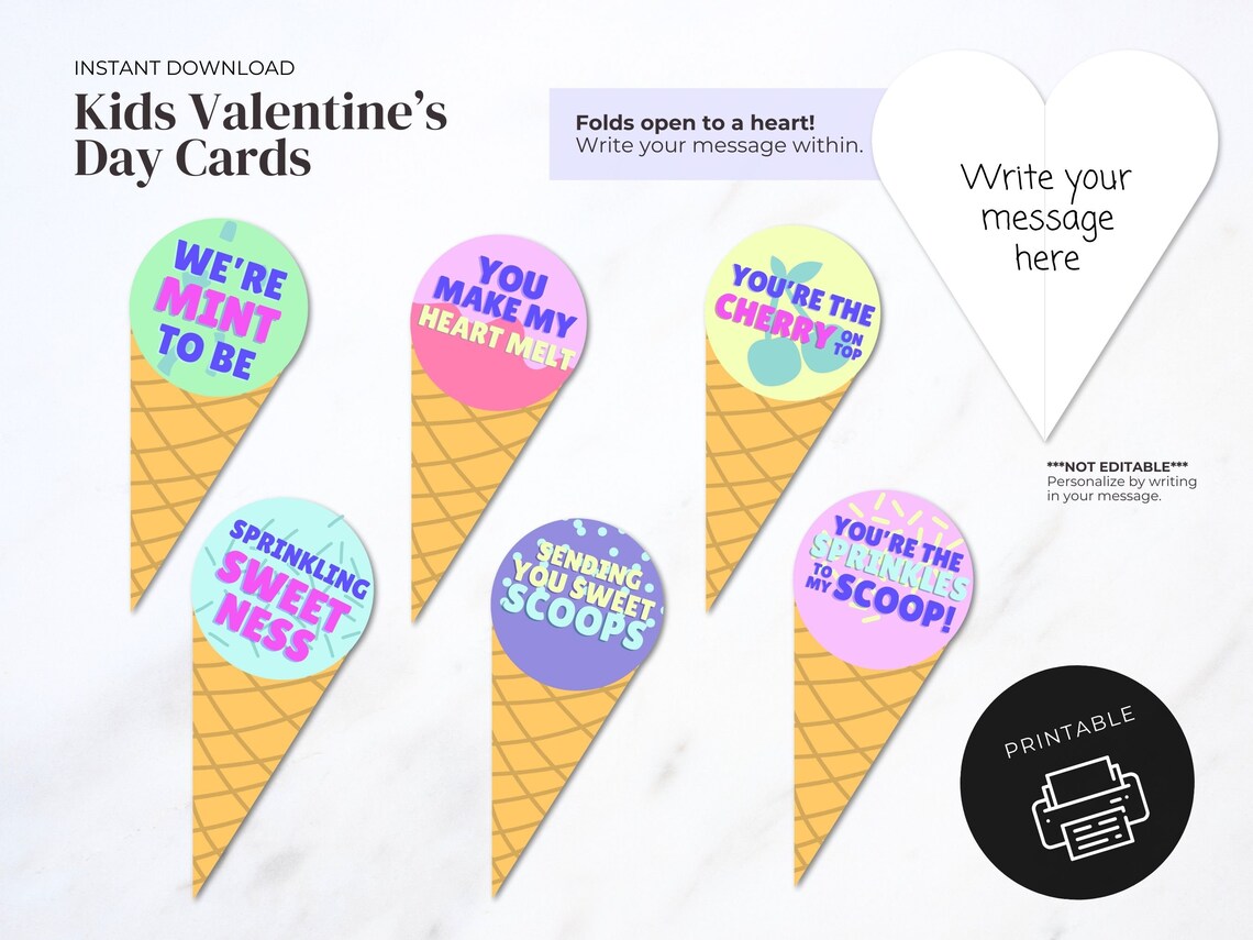 Kids Valentines Day Cards Printable Classroom Valentines Ice Cream ...