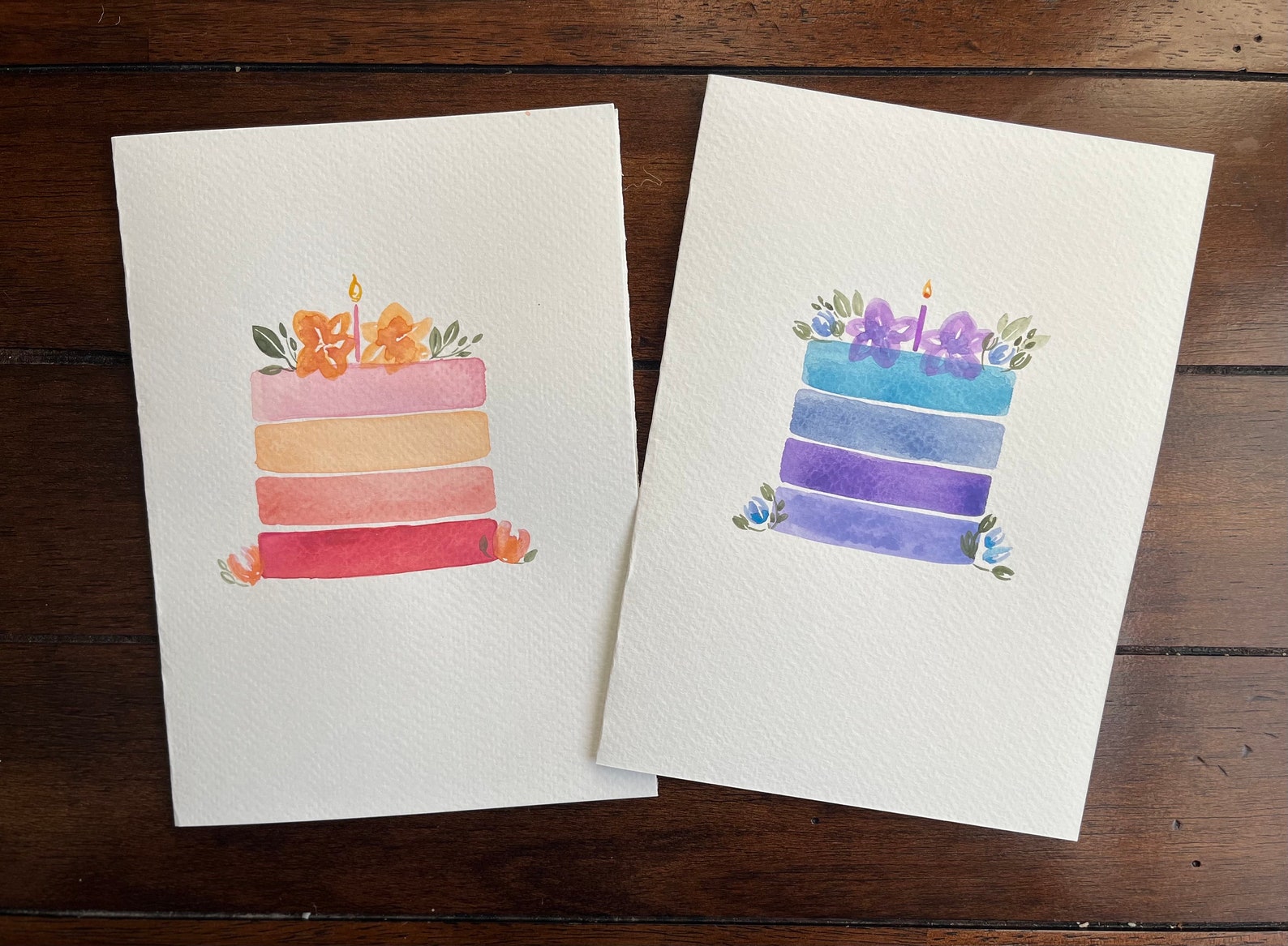 Hand Painted Birthday Cake Cards | Set of 2 Birthday Celebration Cards ...