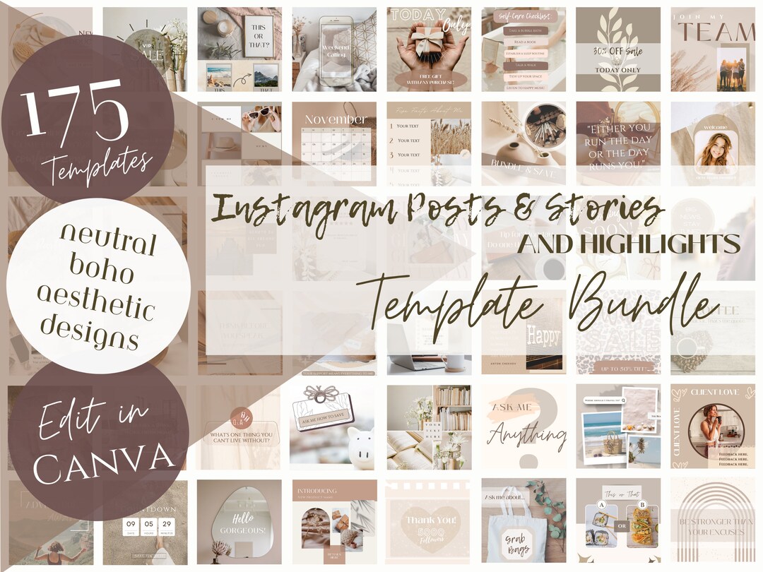 175 Neutral Boho Instagram Canva Templates Social Media Engagement ...