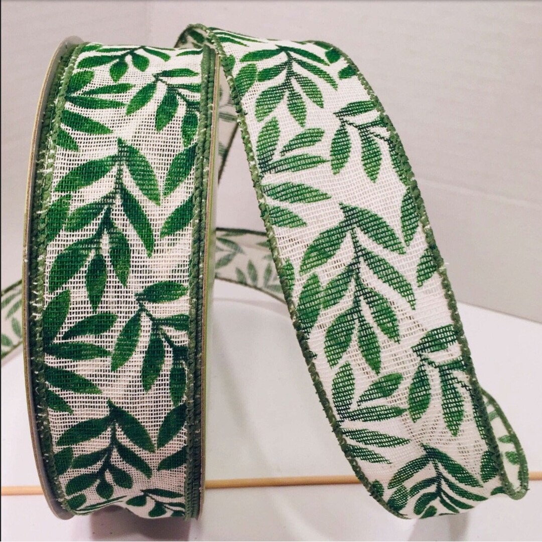 1.5" Green Vines on White Ribbon ~ Leaves ~ Loose Weave ~ Wired Ribbon ...