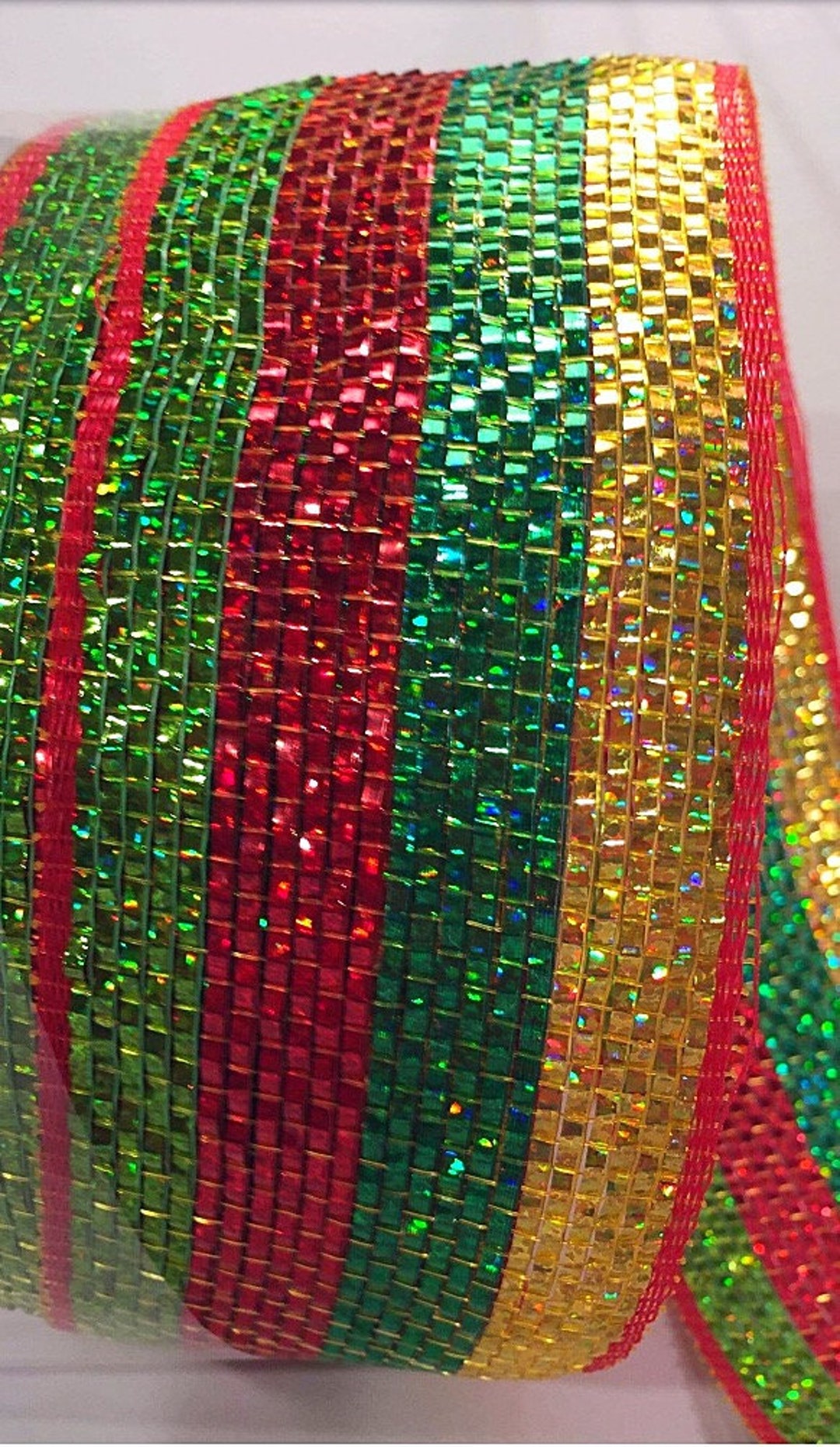 Multi Stripe Metallic Deco Mesh Ribbon in Red, Emerald Green, Lime ...