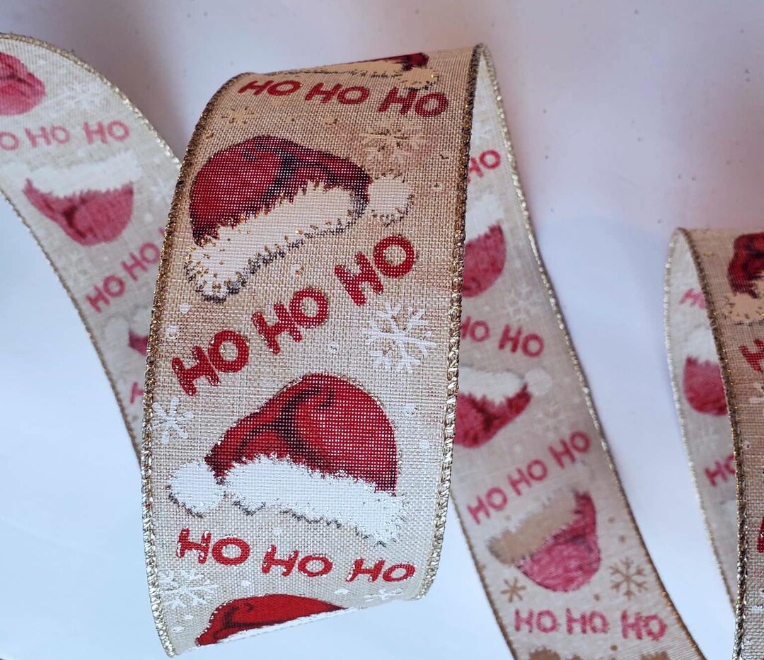 Beige With Santa Hats Ho Ho Ho Christmas Ribbon: 2.5 Inch - Etsy
