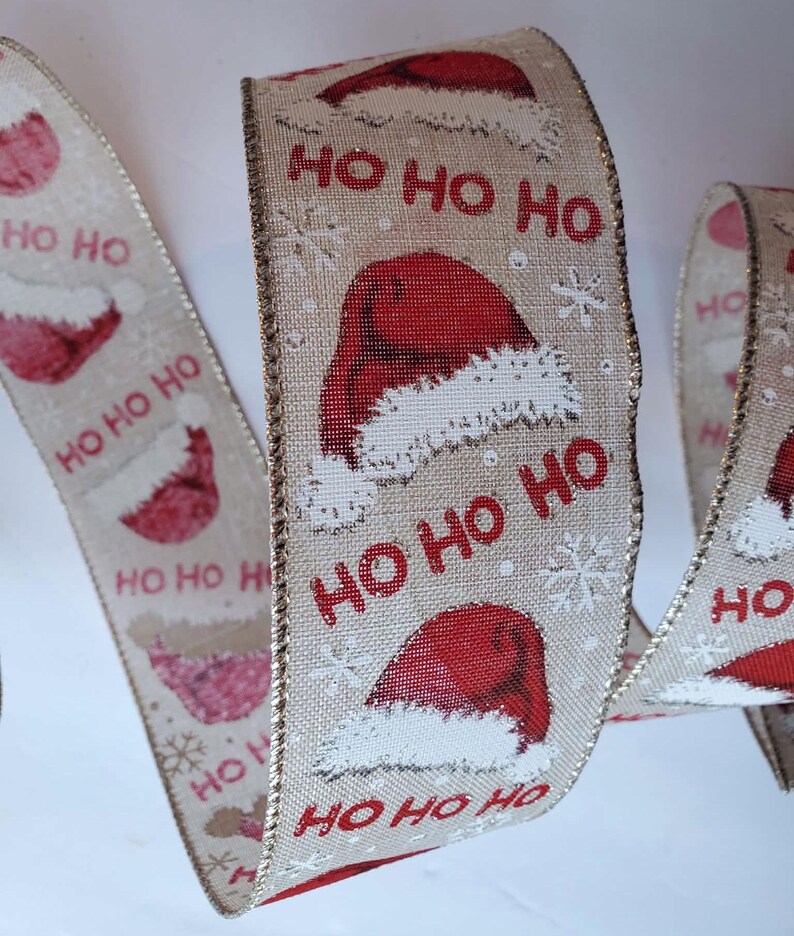 Beige With Santa Hats Ho Ho Ho Christmas Ribbon: 2.5 Inch - Etsy