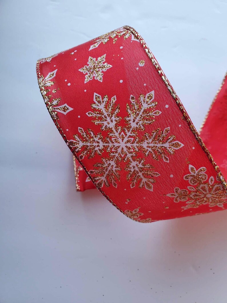 Christmas Ribbon in Red With White Snowflakes and Gold Accents Ribbon ...