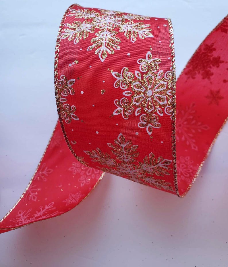 Christmas Ribbon in Red With White Snowflakes and Gold Accents Ribbon ...