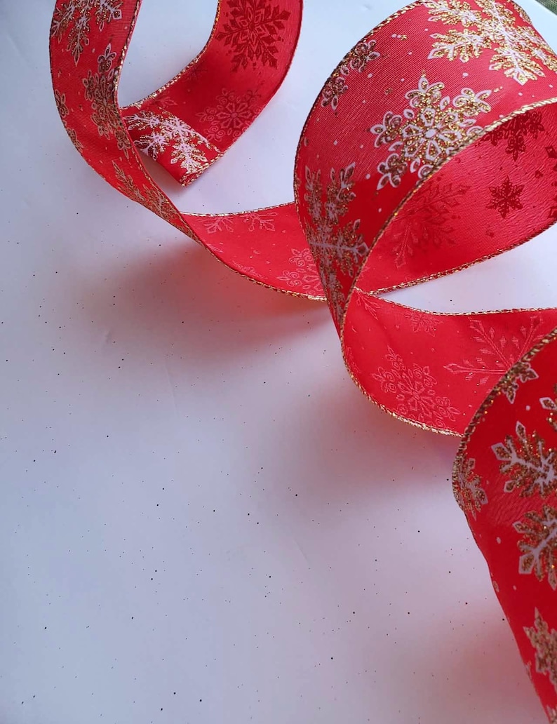 Christmas Ribbon in Red With White Snowflakes and Gold Accents Ribbon ...