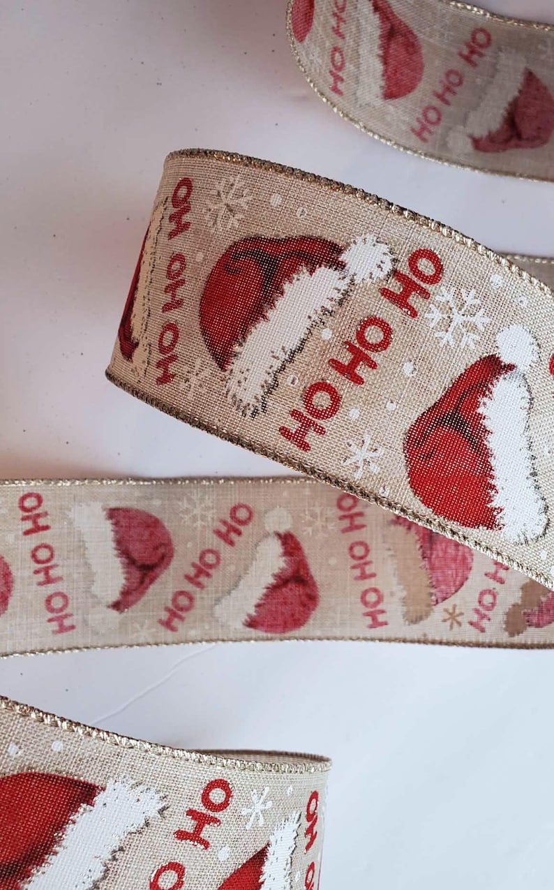 Beige With Santa Hats Ho Ho Ho Christmas Ribbon: 2.5 Inch - Etsy
