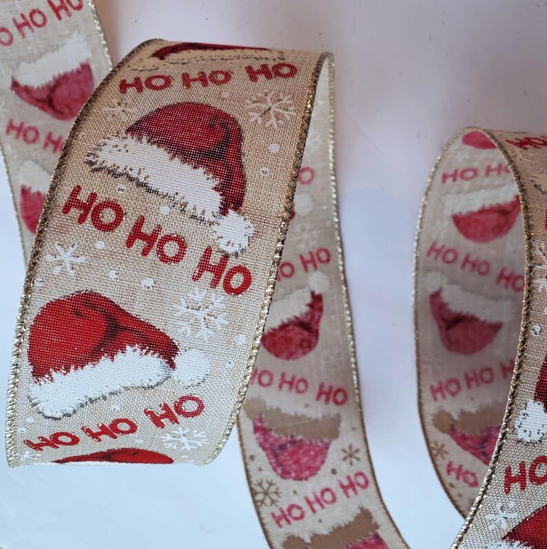 Beige With Santa Hats Ho Ho Ho Christmas Ribbon: 2.5 Inch - Etsy