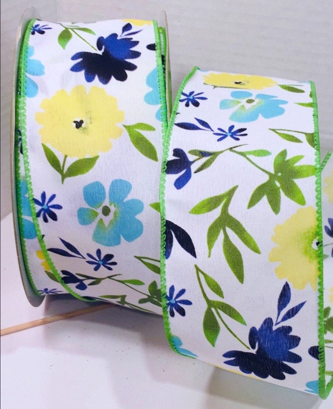 5 YARDS Beautiful 2.5 Inch Wired Ribbon in White With Navy, Teal and ...