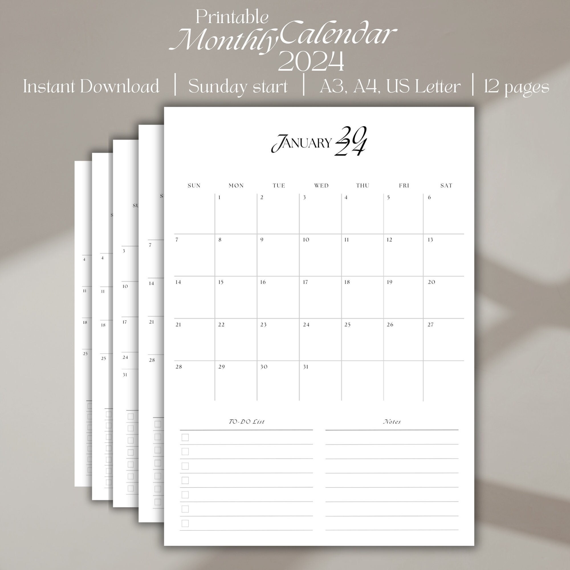 Printable Monthly Calendar 2024 | Monthly Planner 2024 | A3, A4, US ...