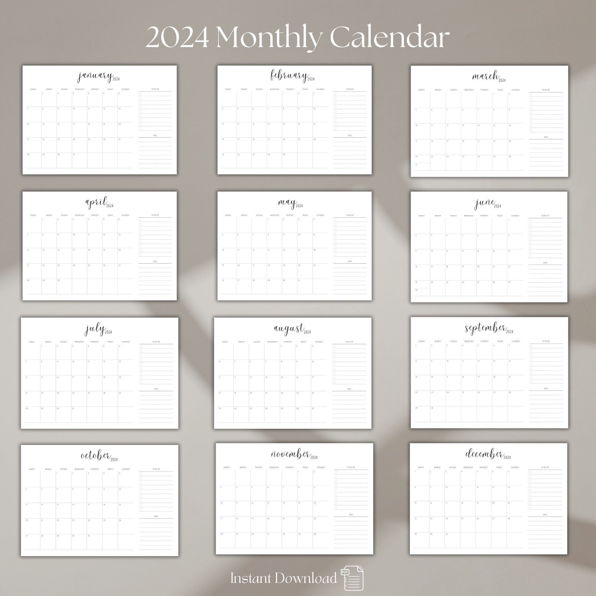2024 Printable Monthly Calendar, Landscape, Minimalist and Elegant ...
