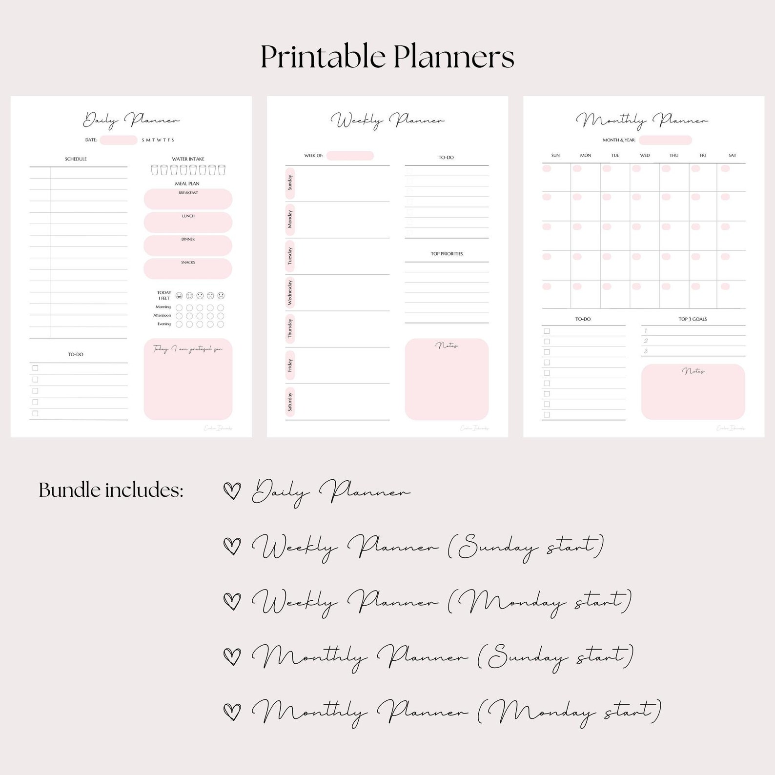 Pink Printable Daily, Weekly and Monthly Planner Bundle, Cute ...