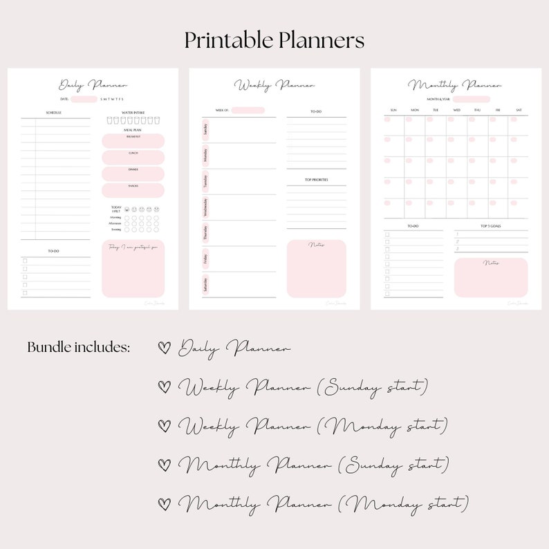 Pink Printable Daily, Weekly and Monthly Planner Bundle, Cute ...
