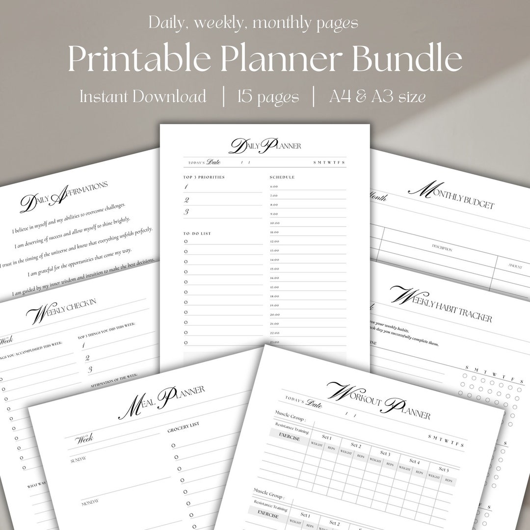Printable Planner Bundle, Undated Daily, Weekly and Monthly Planners ...