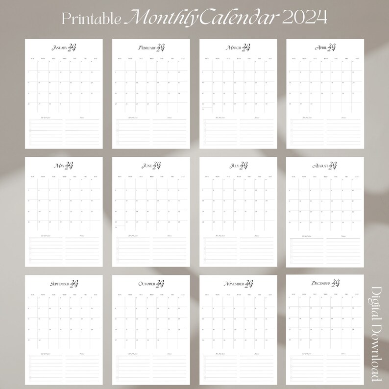 Printable Monthly Calendar 2024 | Monthly Planner 2024 | A3, A4, US ...