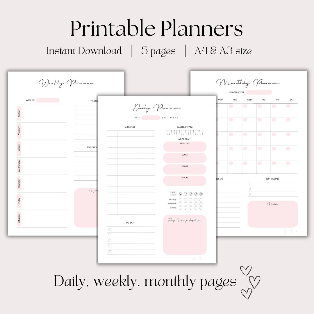 Pink Printable Planner Bundle, Daily Weekly Monthly, Productivity ...