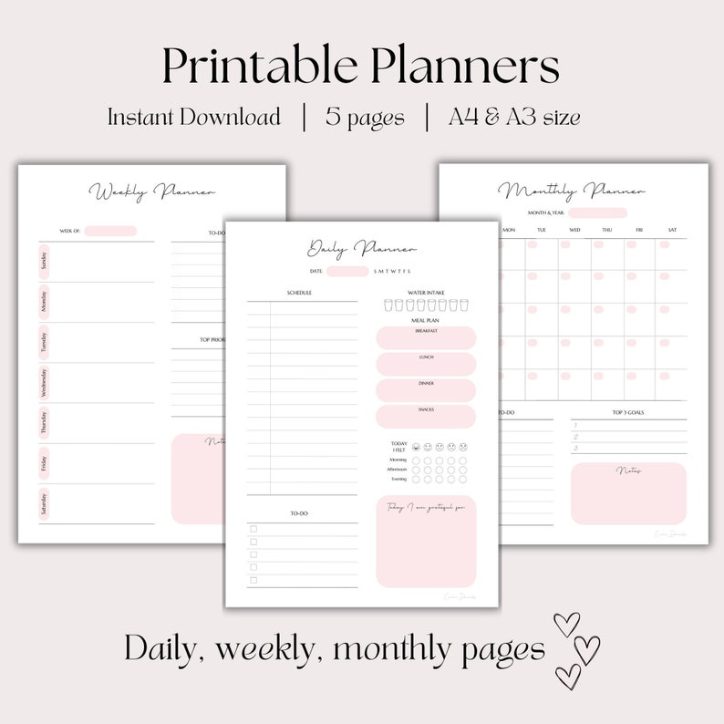 Pink Printable Daily, Weekly and Monthly Planner Bundle, Cute ...
