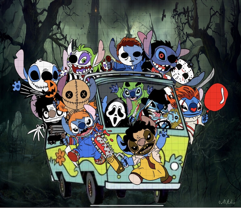 Stitch as Villains in Mystery Machine, Spooky Background - Etsy
