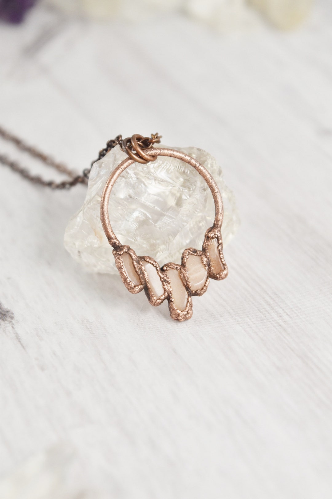 Raw Peach Moonstone Necklace, Natural Gemstone Necklace, Copper Circle ...