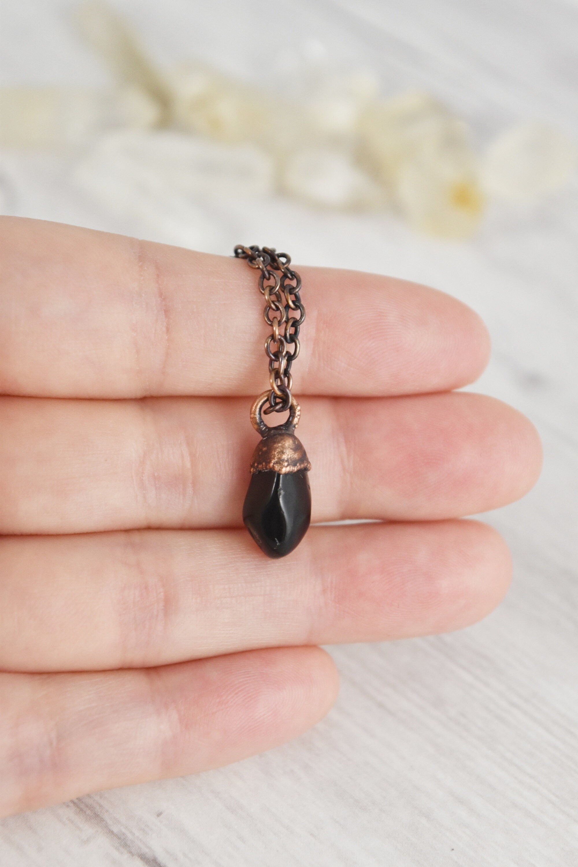 Raw Black Obsidian Necklace, Stone Pendant, Copper Necklace, Healing ...