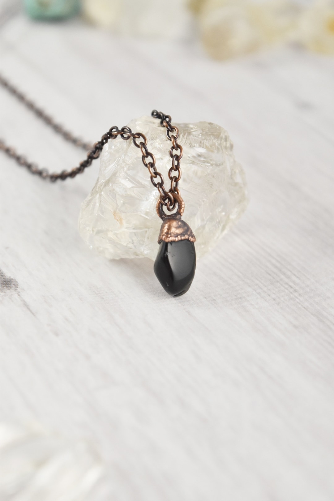 Raw Black Obsidian Necklace, Stone Pendant, Copper Necklace, Healing ...