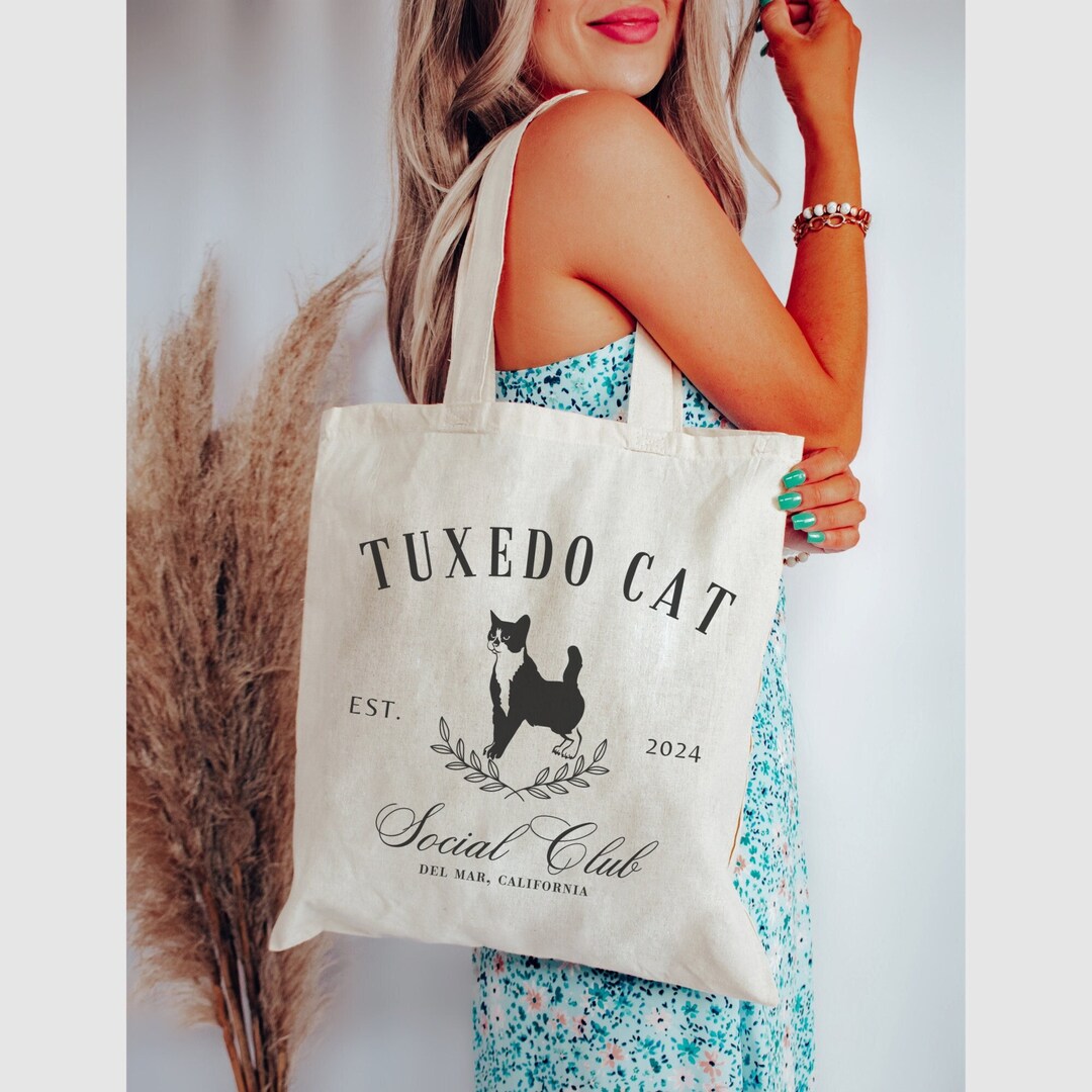 Tuxedo Cat Social Club Tote Bag, Custom Cat Mom Tote Bag, Summer Spring ...