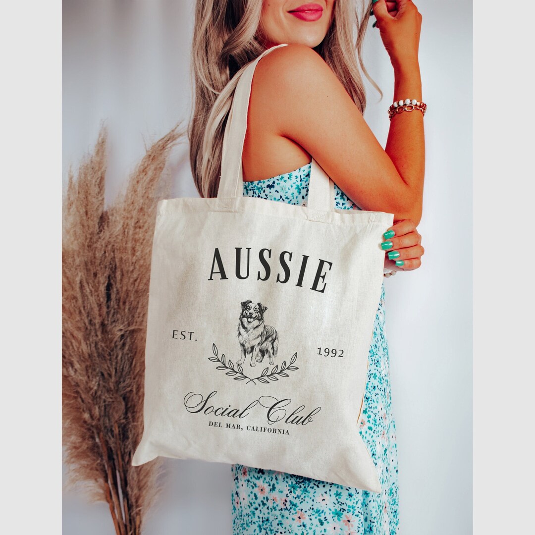 Aussie Social Club Tote Bag, Custom Australian Shepherd Dog Mom Summer ...