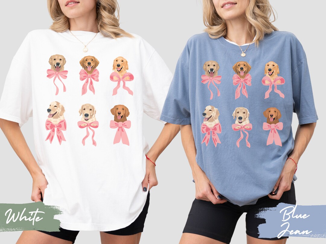 Coquette Style Golden Retriever Tshirt, Pink Ribbon Dog Mom Crewneck T Shirt, Cute Dog Lover ...