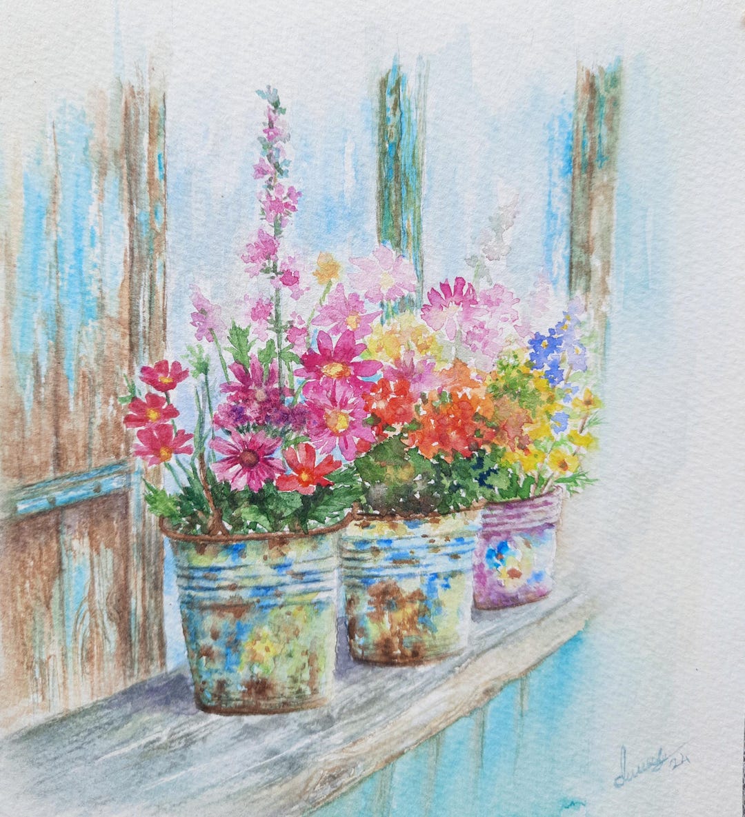 Rustic Flower Pots, Original Watercolor (unprinted), Old Window Sill ...