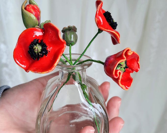 Polymer Clay Red Poppy Arrangement: Floral Home Decor Gift - Etsy