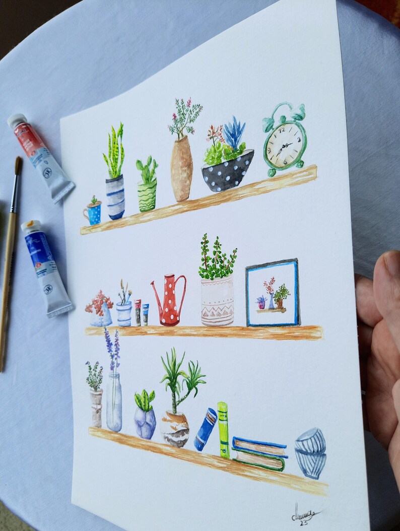 Personalized Watercolor-painted Shelves, Flower Pots Painting ...