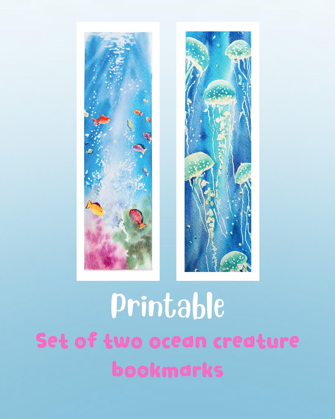 Printable Set of Two Ocean Creature Bookmarks , (PDF & JPG Digital ...