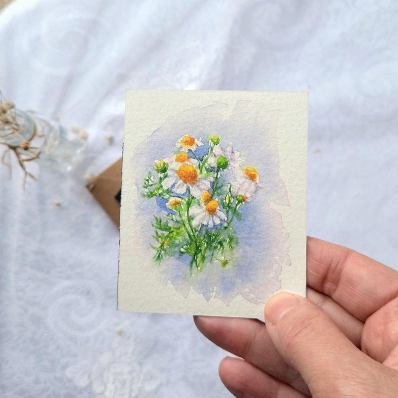 Gift Miniature Watercolor Daisies, Hand Painted Tiny Flowers, Tiny ...