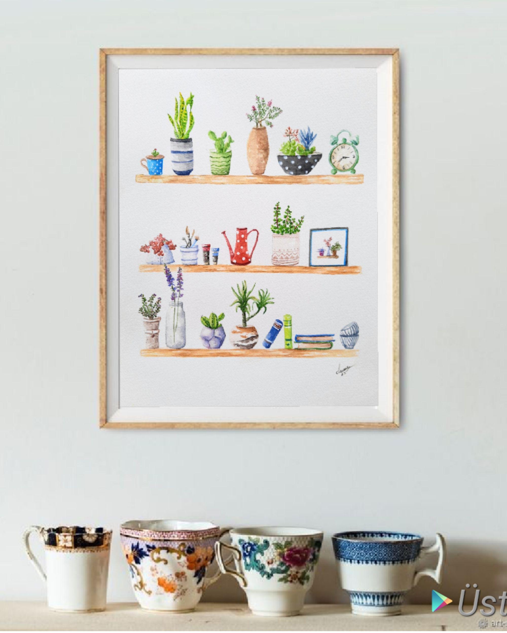 Personalized Watercolor-painted Shelves, Flower Pots Painting ...