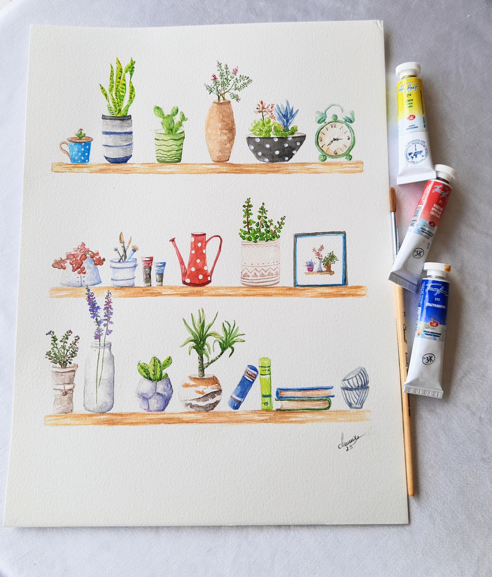 Personalized Watercolor-painted Shelves, Flower Pots Painting ...