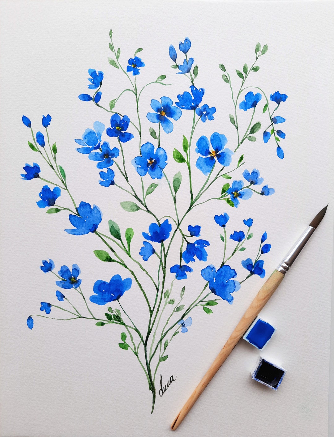 Blue Wildflowers Painting Gift, Handmade Watercolor Painting of Floral ...