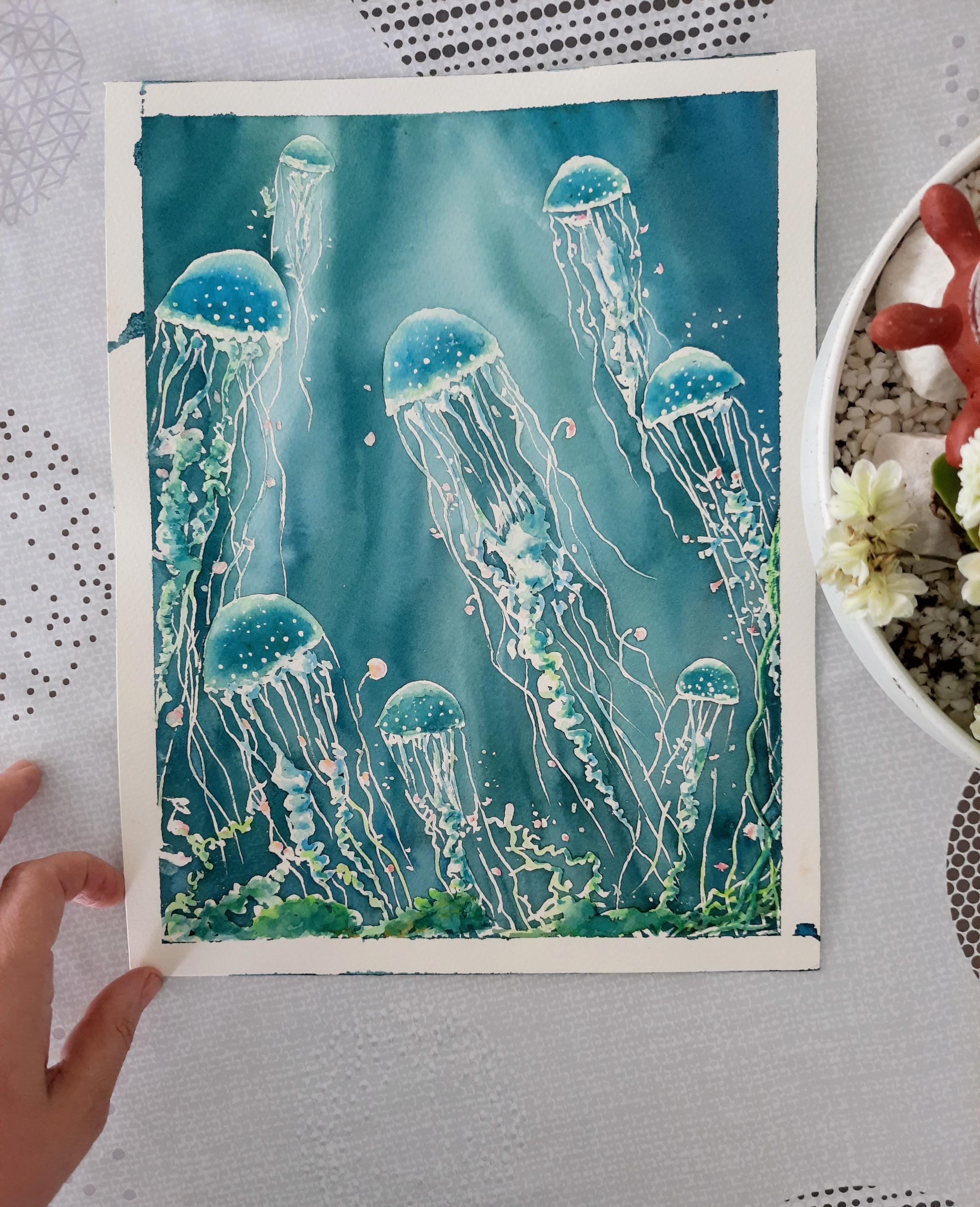 Original Jellyfish Watercolor Painting, Bright Sea Creatures in Green ...