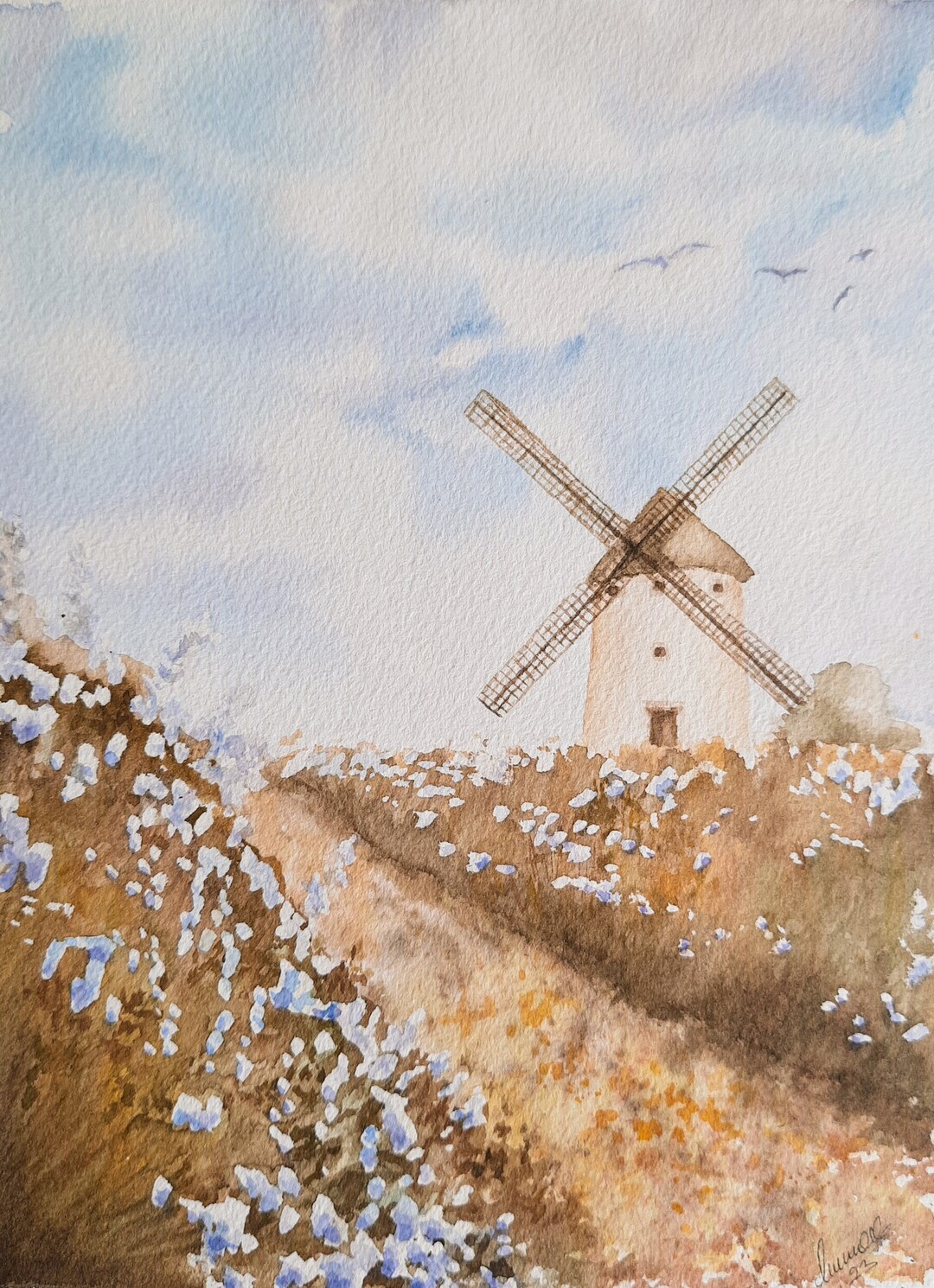 Original Watercolor Dutch Windmill Painting, Field and Road Scene With ...