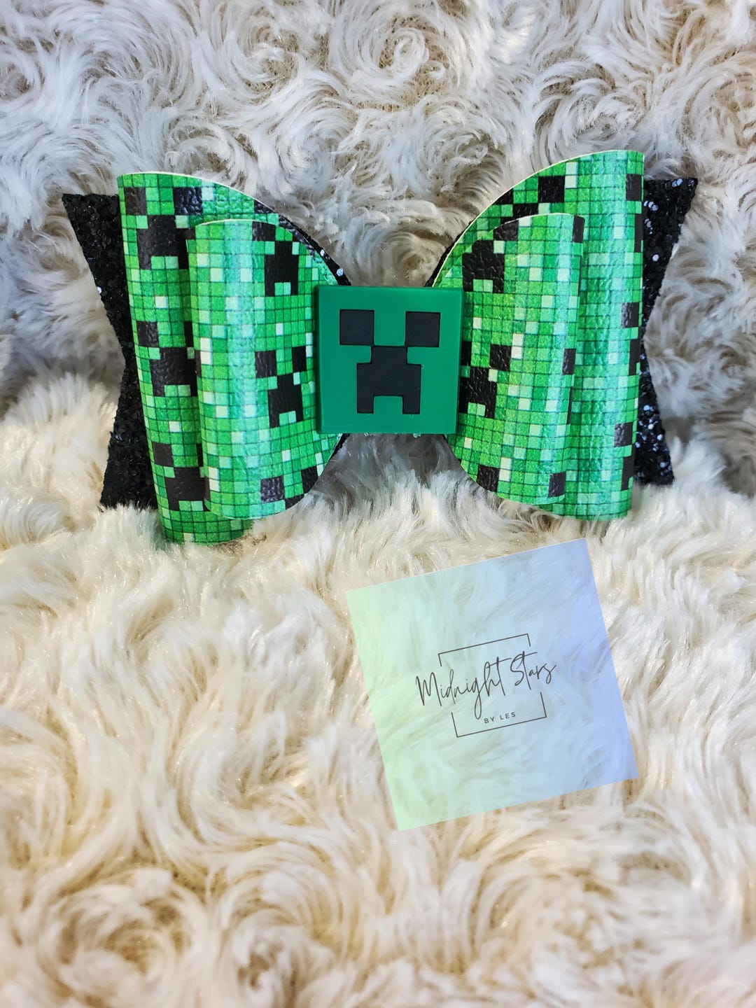 Girls Minecraft Creeper 4-inch Leather Bow, Chunky Glitter Back Faux ...