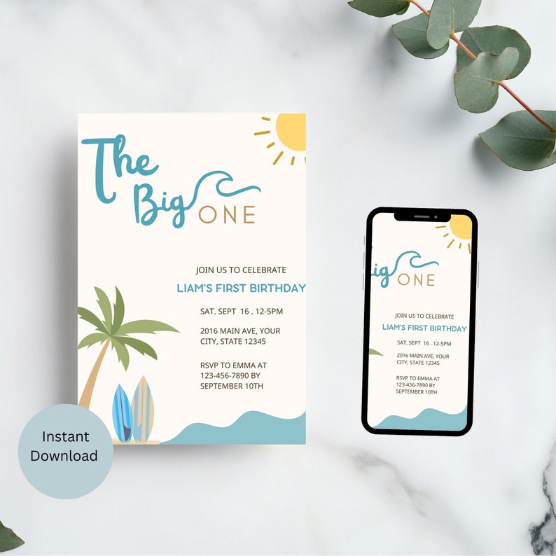 The Big One Birthday Invitation, Surf Birthday Invitation Template, the ...