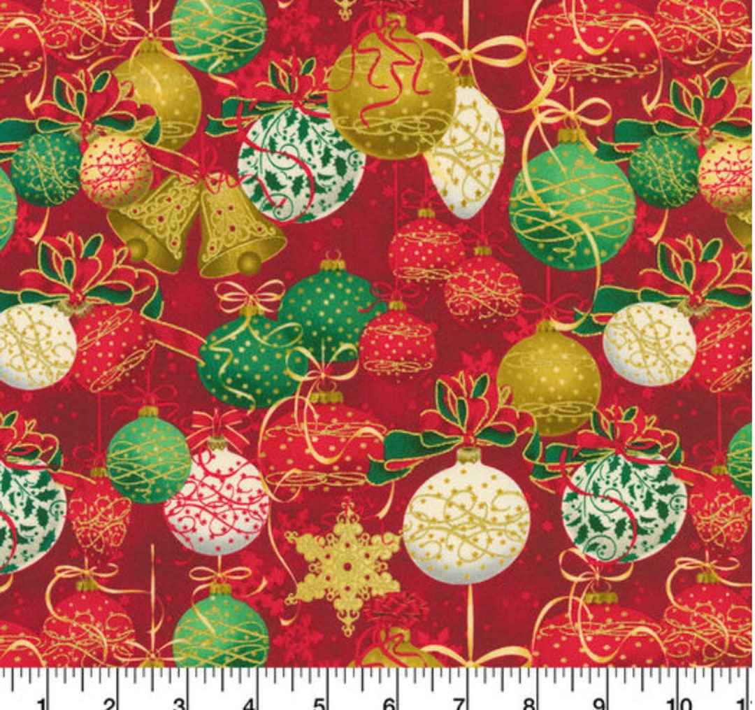 Metallic Ornaments on Red Christmas Cotton Fabric | Cotton Fabric ...