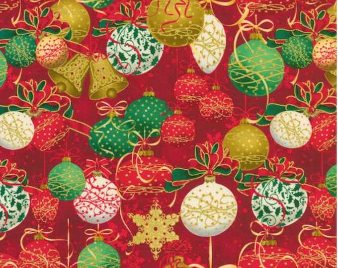 Metallic Ornaments on Red Christmas Cotton Fabric | Cotton Fabric ...