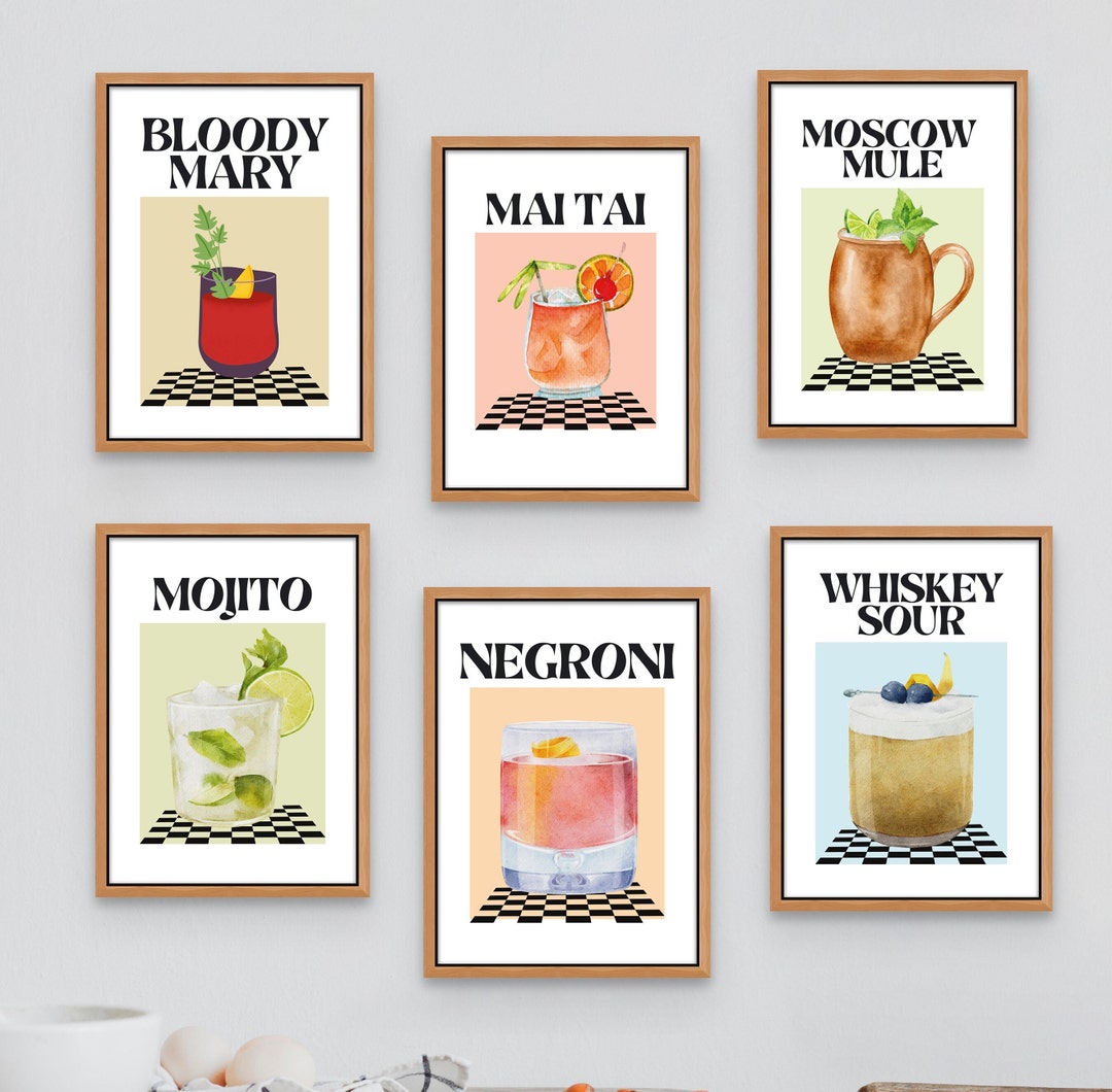 Bar Cart Art Set, Cocktail Wall Art, Alcohol Prints, Set of 6 Posters ...