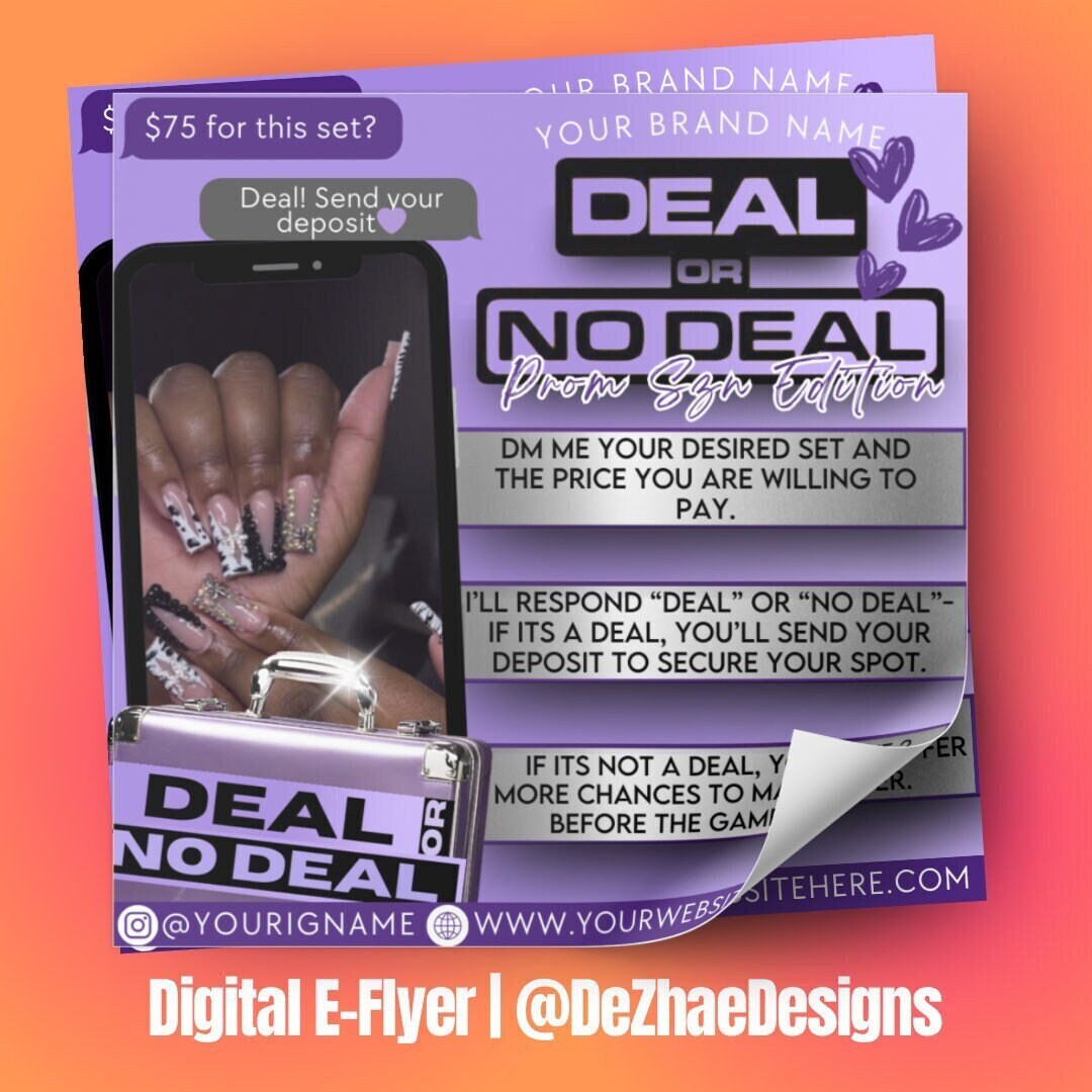 Deal or No Deal Booking Flyer, MUA Booking Flyer, Purple Booking Flyer ...