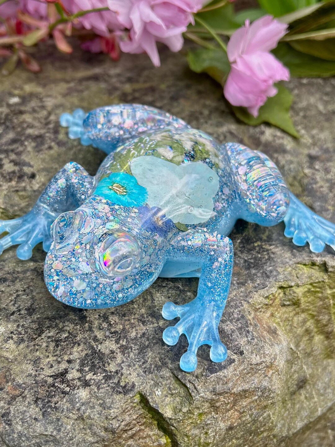 Blue FLOWER FROG Figurine Glitter FLORAL Froggy Figure Real Dried ...