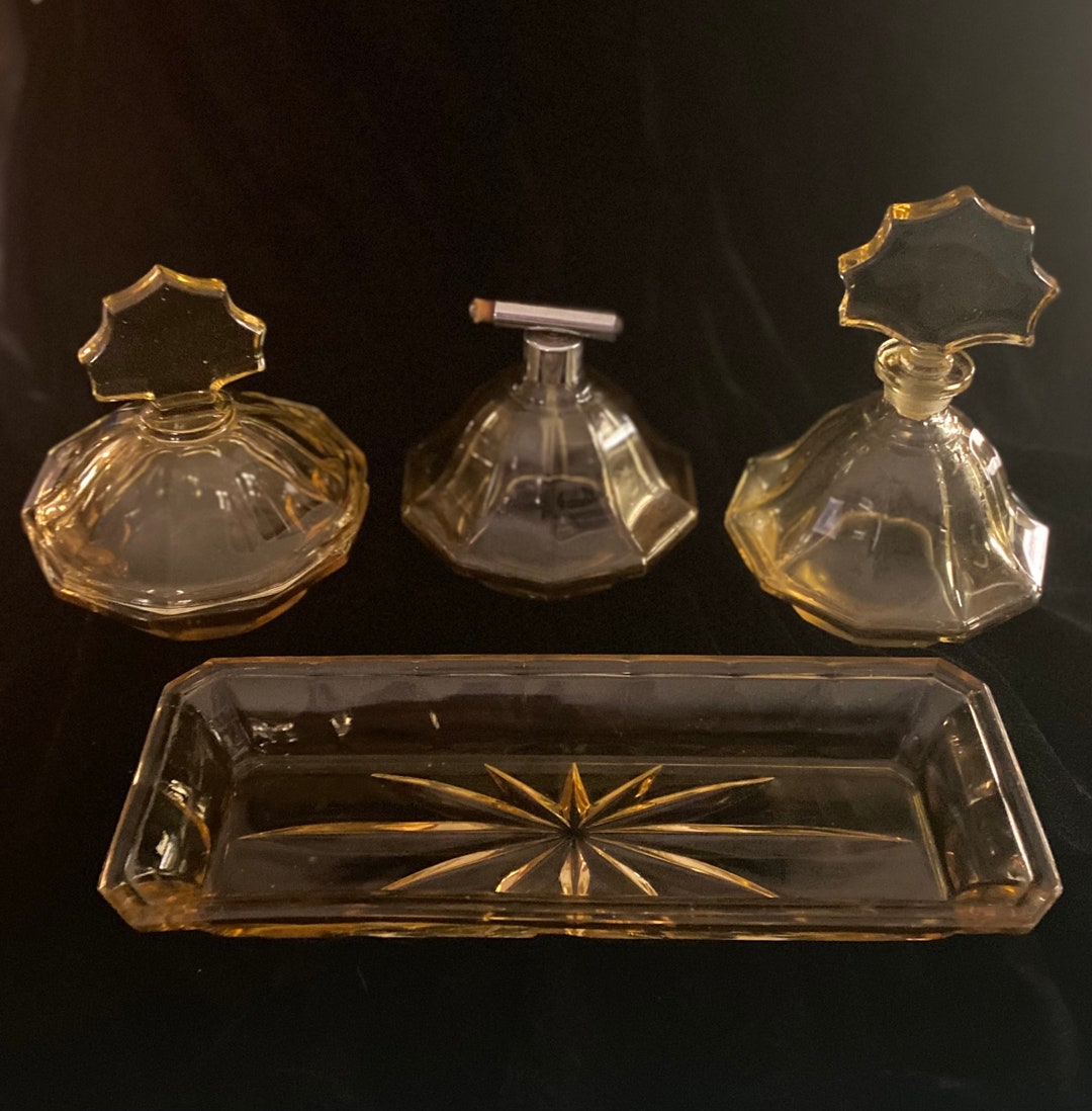 Vintage Perfume Vanity Set Yellow Amber Glass Collectible Perfume ...