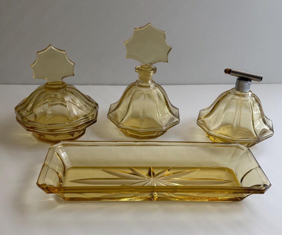 Vintage Perfume Vanity Set Yellow Amber Glass Collectible Perfume ...