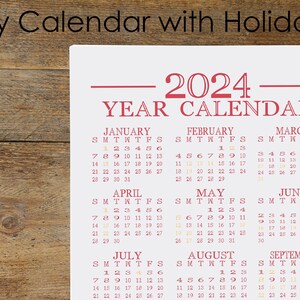 2024 Yearly Calendar - Red - Etsy UK