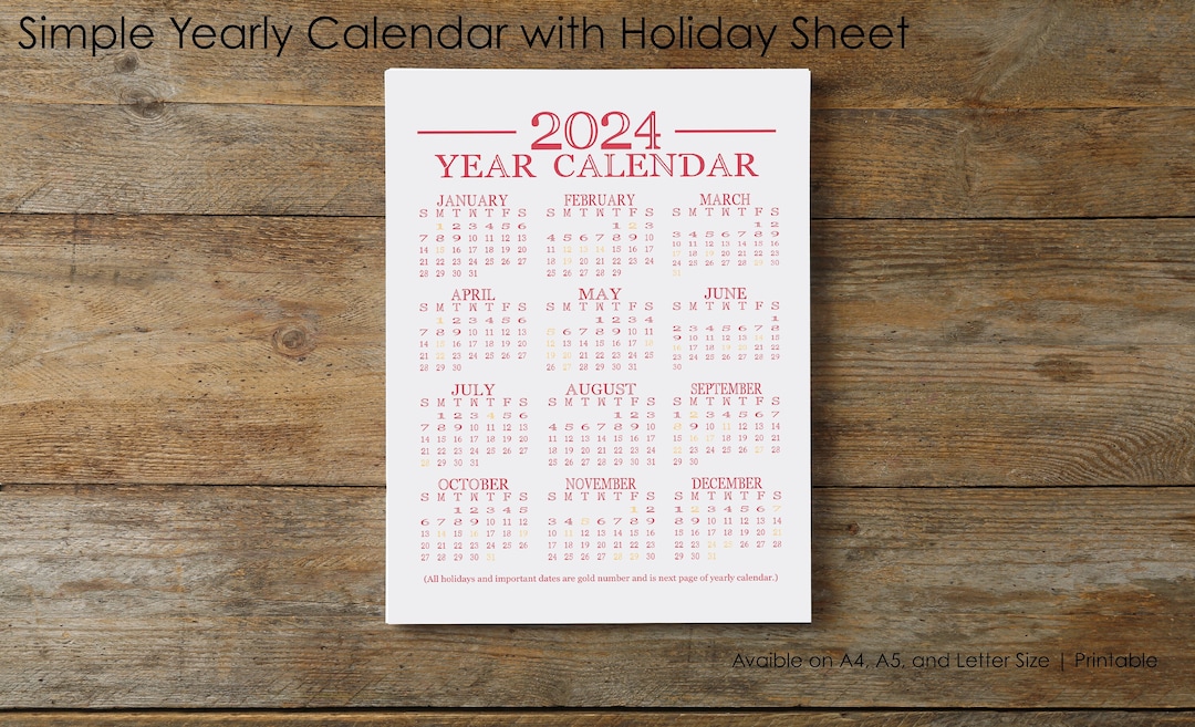 2024 Yearly Calendar - Red - Etsy