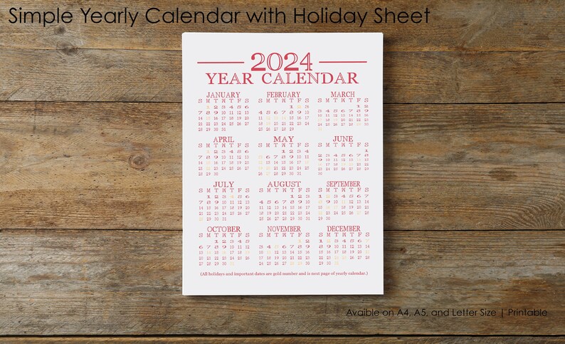 2024 Yearly Calendar - Red - Etsy
